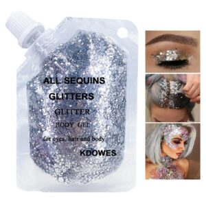 body glitter gel 16 color sequins glitter gel easy to apply&clean, festival glitter christmas makeup for women long lasting sparkling suitable for body, face, hair, eyes silver (chunky glitter)