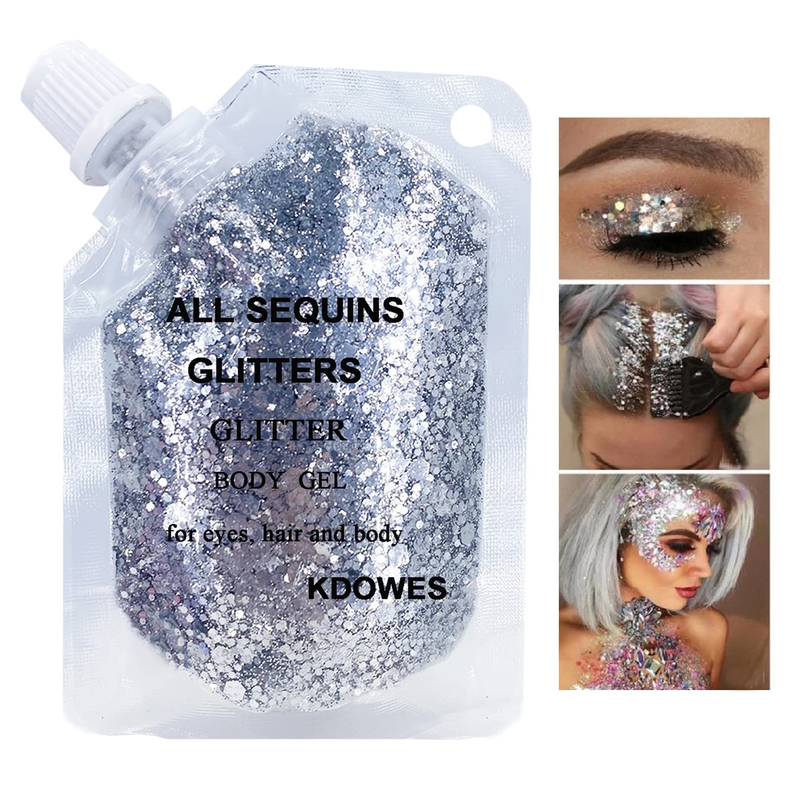 Body Glitter Gel 16 Color Sequins Glitter Gel Easy to Apply&Clean, Festival Glitter Christmas Makeup for Women Long Lasting Sparkling Suitable for Body, Face, Hair, Eyes Silver (Chunky Glitter)