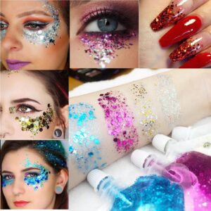 Body Glitter Gel 16 Color Sequins Glitter Gel Easy to Apply&Clean, Festival Glitter Christmas Makeup for Women Long Lasting Sparkling Suitable for Body, Face, Hair, Eyes Silver (Chunky Glitter)