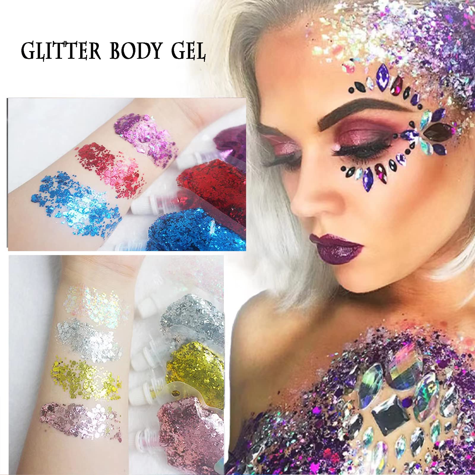 Body Glitter Gel 16 Color Sequins Glitter Gel Easy to Apply&Clean, Festival Glitter Christmas Makeup for Women Long Lasting Sparkling Suitable for Body, Face, Hair, Eyes Silver (Chunky Glitter)