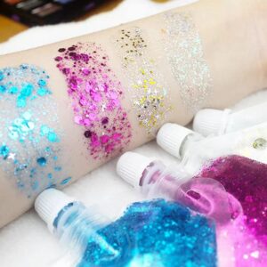 Body Glitter Gel 16 Color Sequins Glitter Gel Easy to Apply&Clean, Festival Glitter Christmas Makeup for Women Long Lasting Sparkling Suitable for Body, Face, Hair, Eyes Silver (Chunky Glitter)