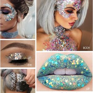 Body Glitter Gel 16 Color Sequins Glitter Gel Easy to Apply&Clean, Festival Glitter Christmas Makeup for Women Long Lasting Sparkling Suitable for Body, Face, Hair, Eyes Silver (Chunky Glitter)