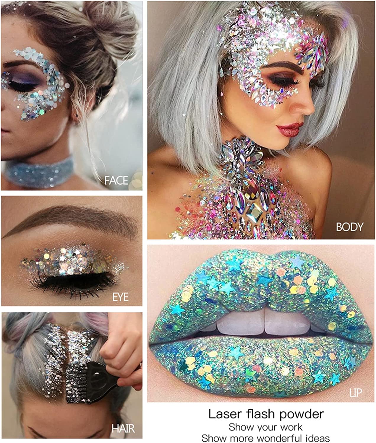 Body Glitter Gel 16 Color Sequins Glitter Gel Easy to Apply&Clean, Festival Glitter Christmas Makeup for Women Long Lasting Sparkling Suitable for Body, Face, Hair, Eyes Silver (Chunky Glitter)