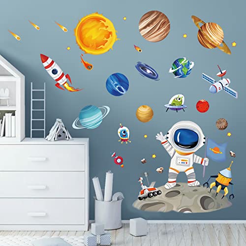 wondever Outer Space Astronaut Wall Stickers Planets Rocket Peel and Stick Wall Art Decals for Baby Nursery Kids Bedroom Playroom