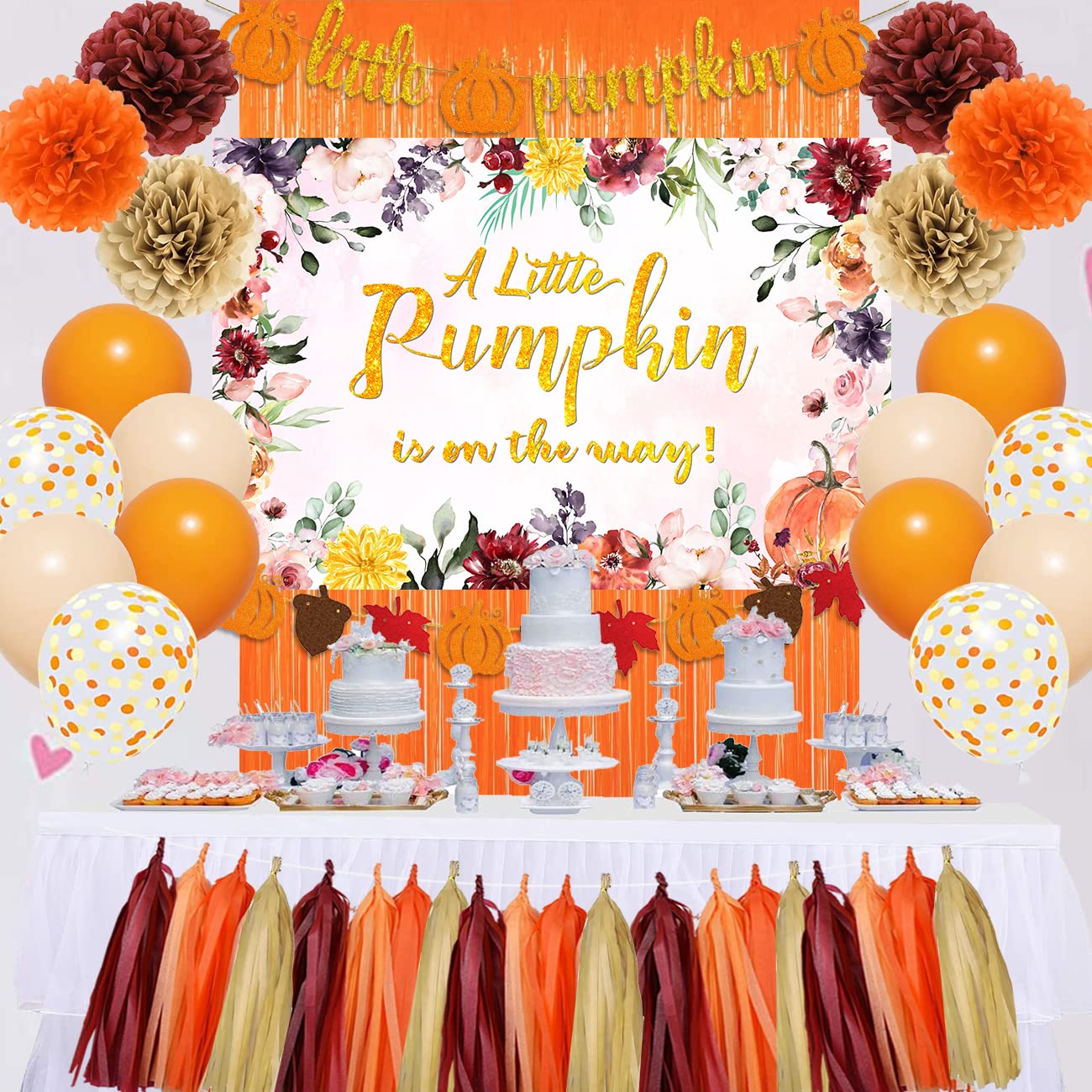 Little Pumpkin Baby Shower Decorations, Fall Baby Shower Party Supplies, Glitter A Little Pumpkin Is On The Way Banner Backdrops Photograph Props Maple Leafs for Gender Reveal Thanksgiving Decor