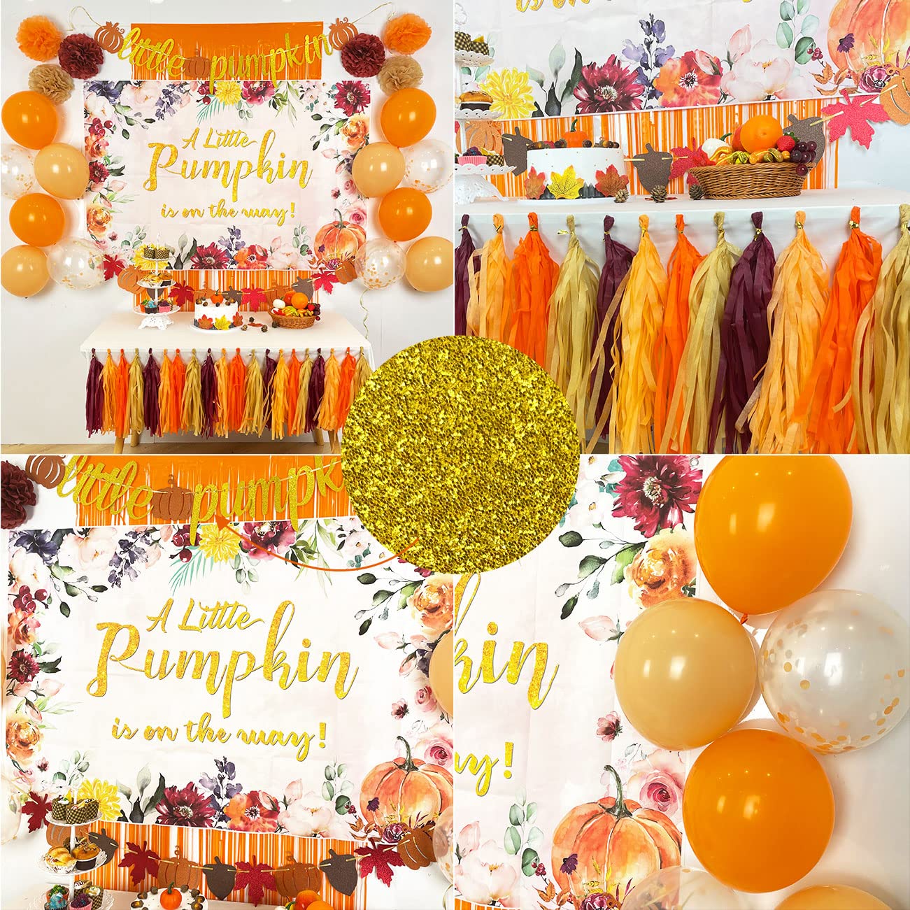 Little Pumpkin Baby Shower Decorations, Fall Baby Shower Party Supplies, Glitter A Little Pumpkin Is On The Way Banner Backdrops Photograph Props Maple Leafs for Gender Reveal Thanksgiving Decor