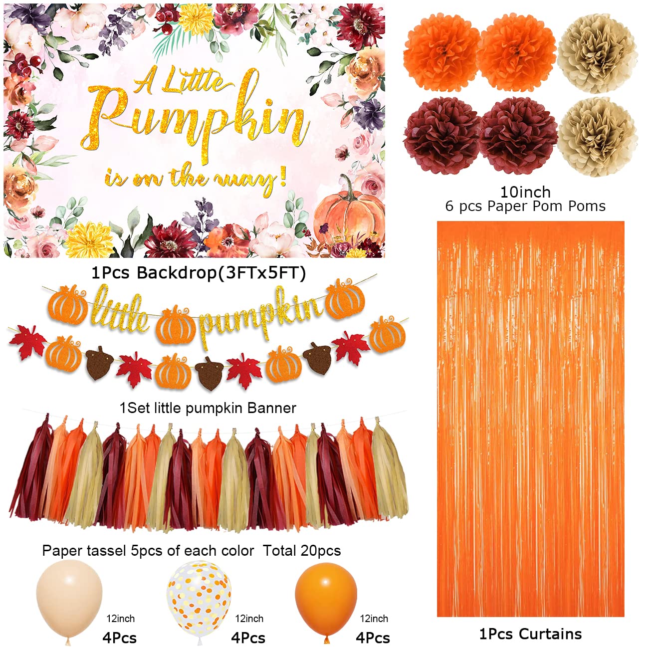 Little Pumpkin Baby Shower Decorations, Fall Baby Shower Party Supplies, Glitter A Little Pumpkin Is On The Way Banner Backdrops Photograph Props Maple Leafs for Gender Reveal Thanksgiving Decor