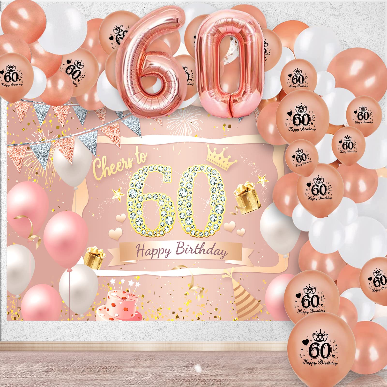 60th Birthday Decorations Women, Including Pink Rose Gold 60th Birthday Banner Backdrop Decor, Number 60th Birthday Balloon, 70 Pieces Rose Gold Balloon Arch Garland Kit for 60th Birthday