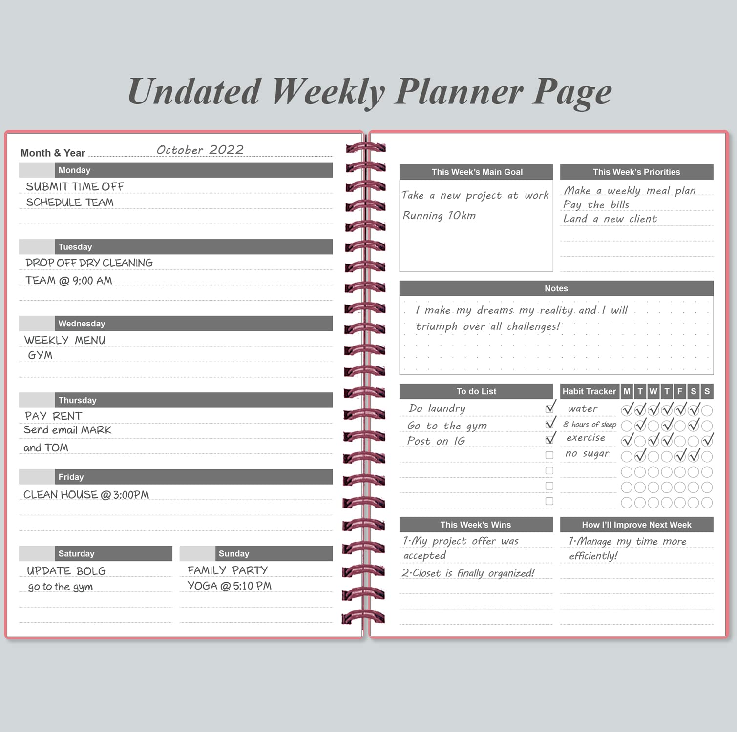 Weekly Planner Undated - Spiral Goal Planner Notebook, A5 To Do List Planner for Men and Women, PVC Hardcover, Elastic Closure,Inner Pocket, 8.3" x 5.8", Pink