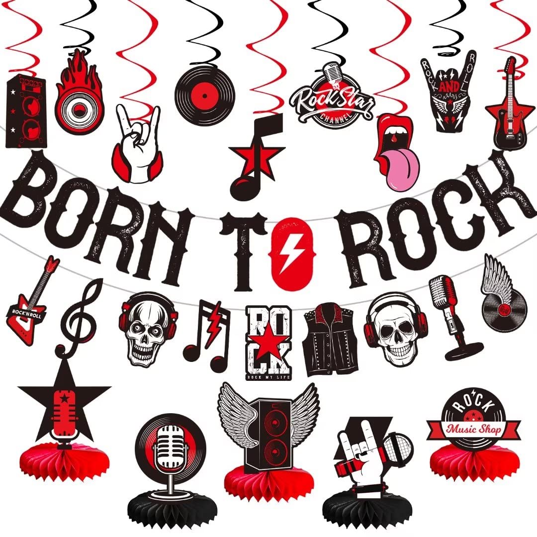 LARRAZABAL 25PCS Rock and Roll Party Decorations Include Born to Rock Glitter Banner, Rock and Roll Hanging Swirls and Honeycomb Centerpieces for Birthday Baby Shower Party Supplies