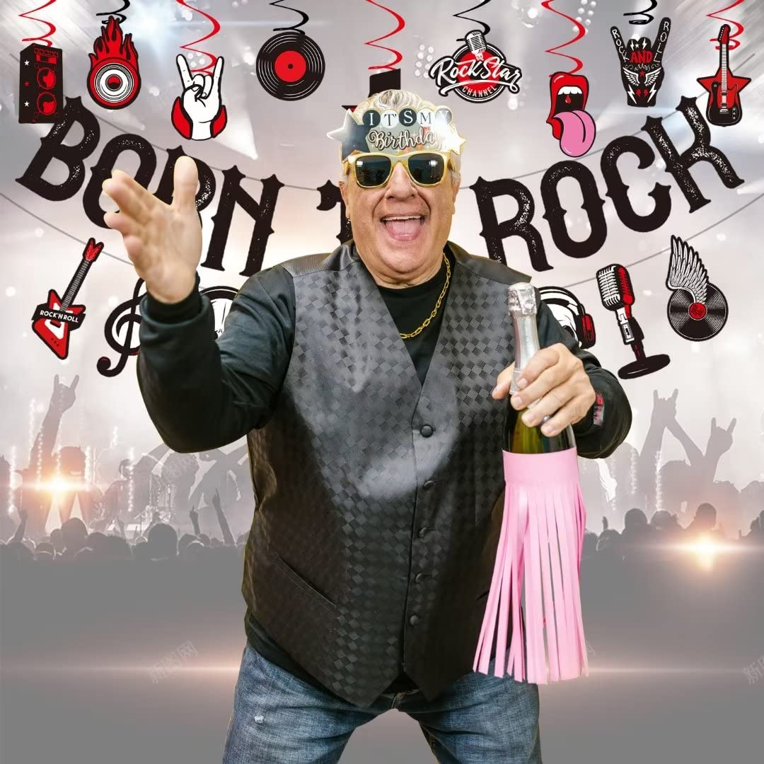 LARRAZABAL 25PCS Rock and Roll Party Decorations Include Born to Rock Glitter Banner, Rock and Roll Hanging Swirls and Honeycomb Centerpieces for Birthday Baby Shower Party Supplies