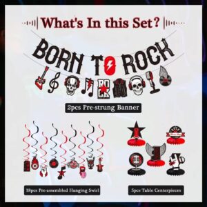 LARRAZABAL 25PCS Rock and Roll Party Decorations Include Born to Rock Glitter Banner, Rock and Roll Hanging Swirls and Honeycomb Centerpieces for Birthday Baby Shower Party Supplies