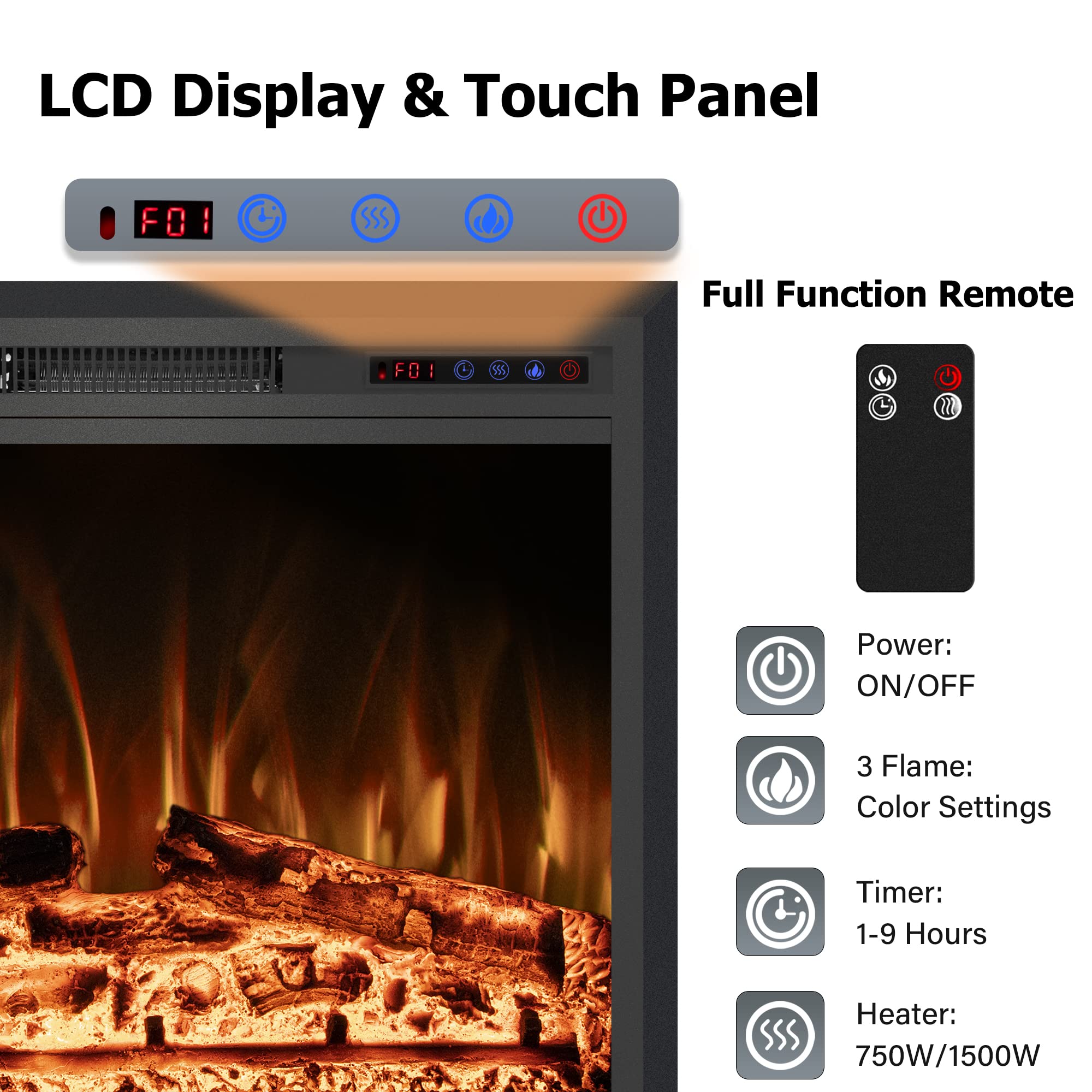 Rodalflame 35.6" Wide Electric Fireplace Inserts with Adjustable Flame Colors, Fireplace Heater with Touch Screen & Remote Control, Recessed in Wall, 750/1500W, Timer