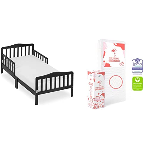 Dream On Me Classic Design Toddler Bed in Black, Greenguard Gold Certified and Baby Fairy 5” Foam Crib & Toddler Bed Mattress in a Box, White I Greenguard Gold Certified I JPMA Certified