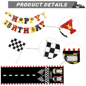 124 Pcs Race Car Birthday Party Supplies, Race Car Balloon Garland Kit with Racetrack Checked Flags HAPPY BIRTHDAY Banner Black and White Pennant Banner for Race Car Party Decorations