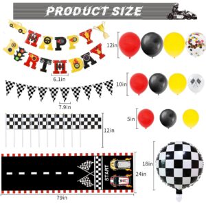 124 Pcs Race Car Birthday Party Supplies, Race Car Balloon Garland Kit with Racetrack Checked Flags HAPPY BIRTHDAY Banner Black and White Pennant Banner for Race Car Party Decorations