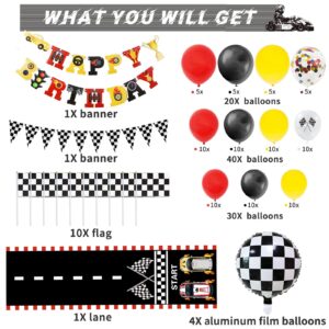 124 Pcs Race Car Birthday Party Supplies, Race Car Balloon Garland Kit with Racetrack Checked Flags HAPPY BIRTHDAY Banner Black and White Pennant Banner for Race Car Party Decorations