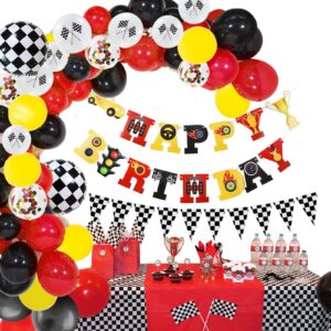 124 Pcs Race Car Birthday Party Supplies, Race Car Balloon Garland Kit with Racetrack Checked Flags HAPPY BIRTHDAY Banner Black and White Pennant Banner for Race Car Party Decorations