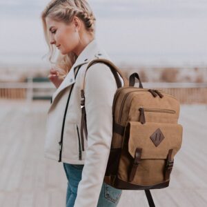 Canvas Vintage Laptop Backpack for Women Men, College Bookbag Fits 15.6 Inch Laptop (Coffee)