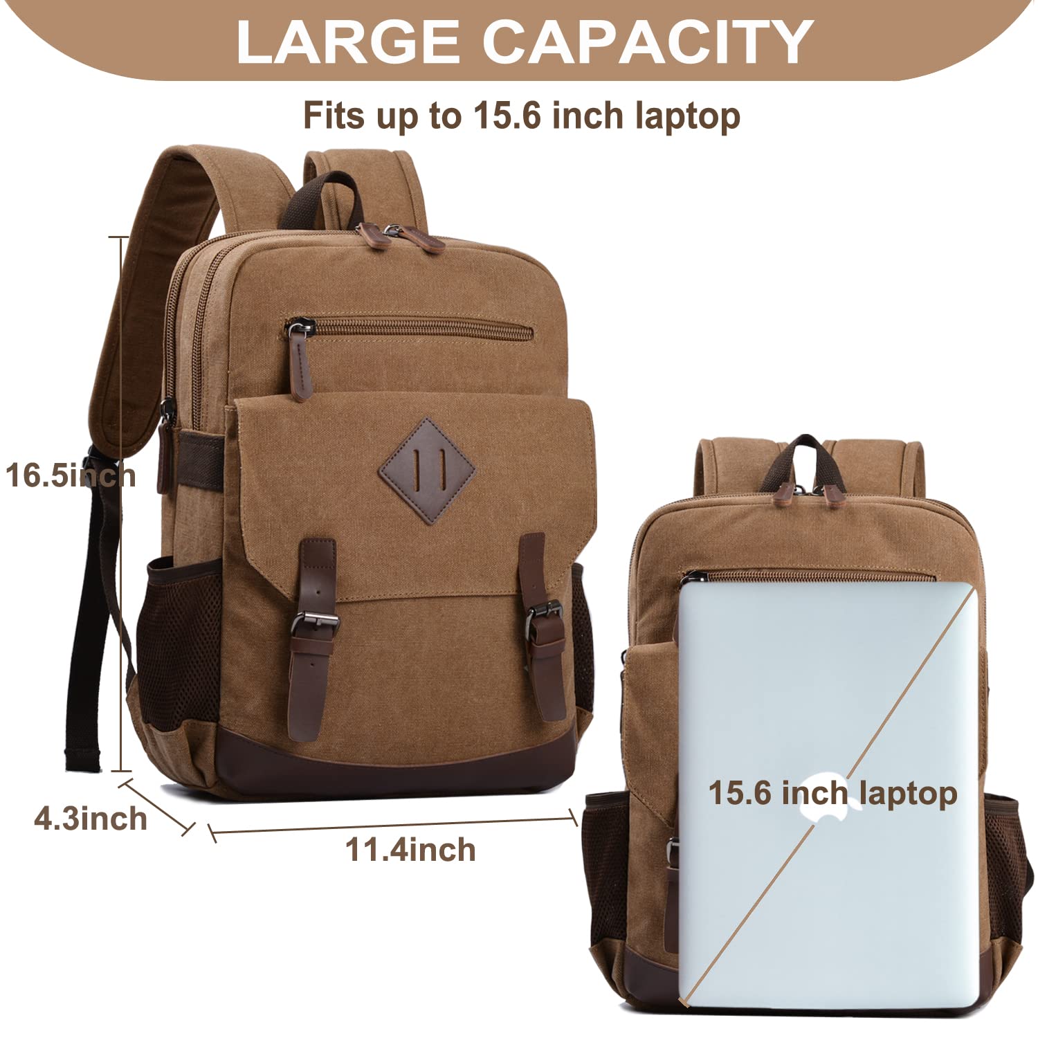 Canvas Vintage Laptop Backpack for Women Men, College Bookbag Fits 15.6 Inch Laptop (Coffee)