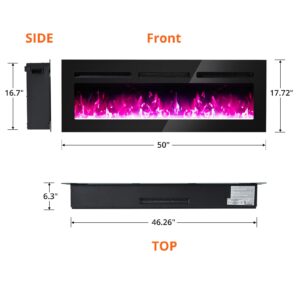 PIONEERWORKS 50 Inch Electric Fireplace Inserts, Recessed and Wall Mounted Electric Fireplace Heater with Wireless Remote Control, 1500W/750W Switch at Will,12 Flame Color Adjustable