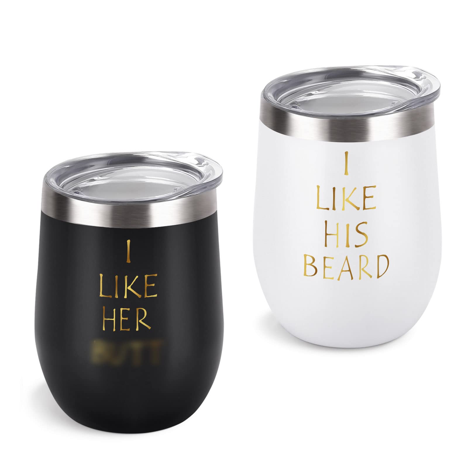 Homlouue I Like His Beard, I Like Her Couples Wine Tumbler Set, Funny Wedding Engagement Gifts for Husband Wife Bride Groom His Her Anniversary, 12 Oz Stainless Steel Wine Tumbler, Set of 2