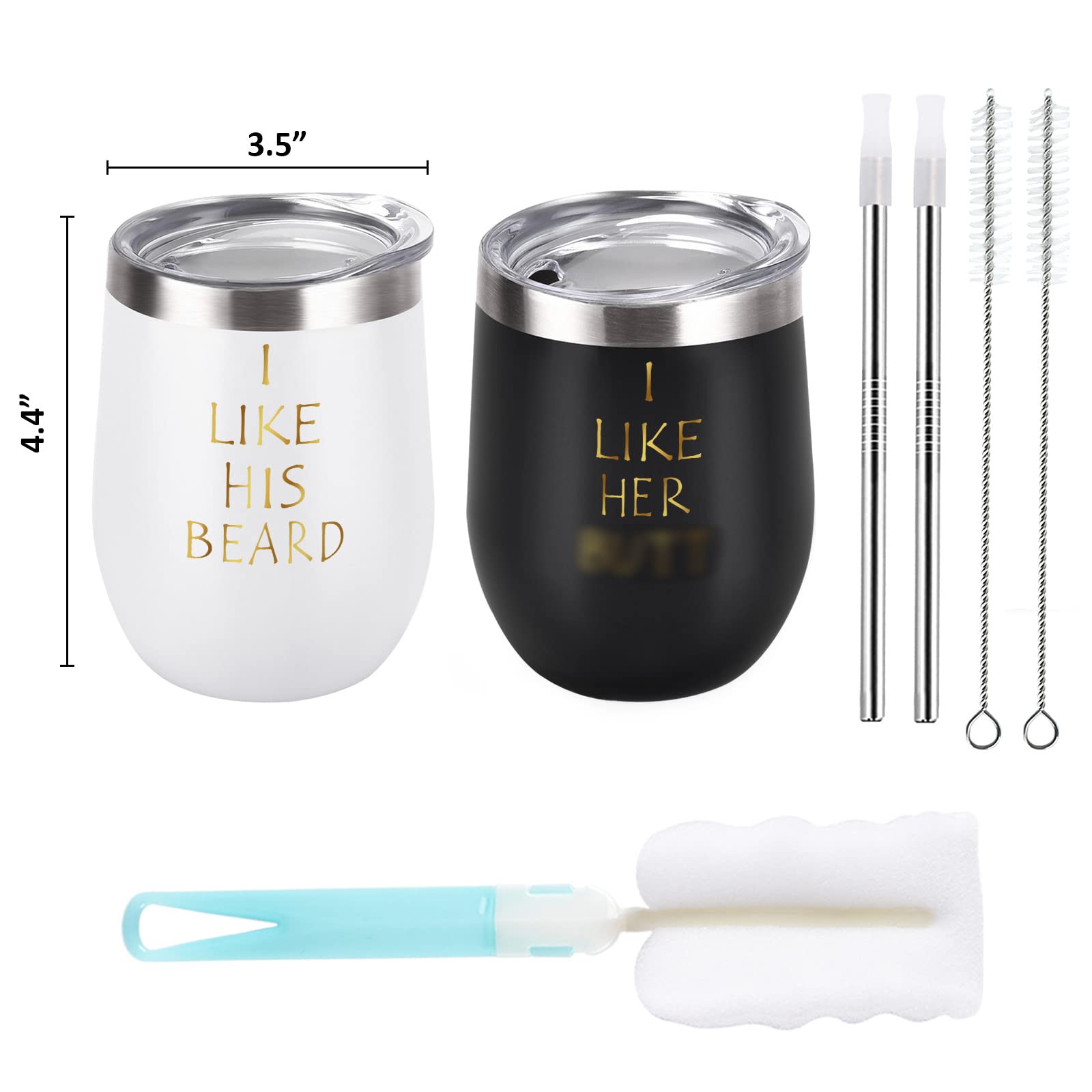 Homlouue I Like His Beard, I Like Her Couples Wine Tumbler Set, Funny Wedding Engagement Gifts for Husband Wife Bride Groom His Her Anniversary, 12 Oz Stainless Steel Wine Tumbler, Set of 2