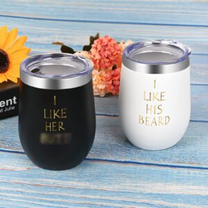 Homlouue I Like His Beard, I Like Her Couples Wine Tumbler Set, Funny Wedding Engagement Gifts for Husband Wife Bride Groom His Her Anniversary, 12 Oz Stainless Steel Wine Tumbler, Set of 2