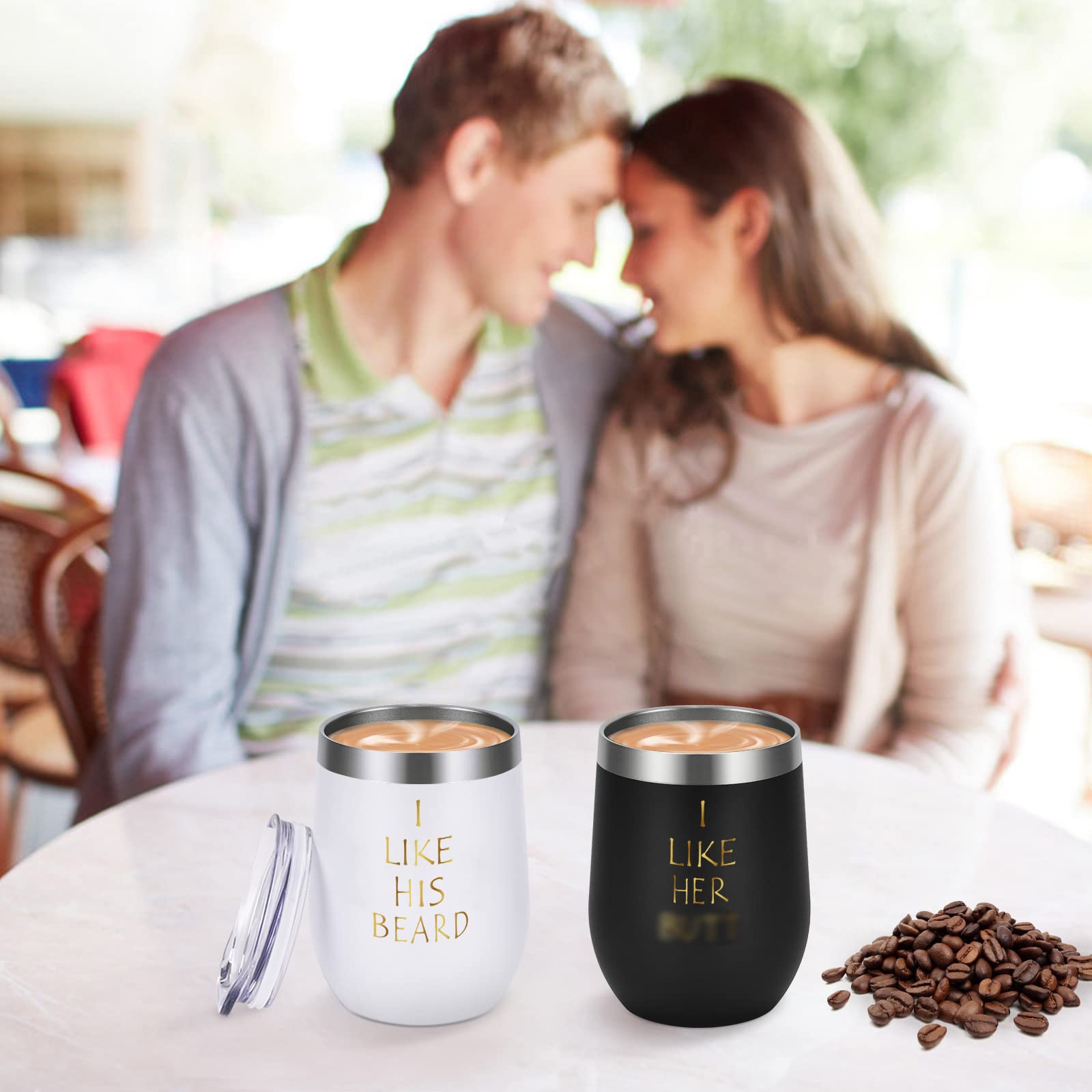 Homlouue I Like His Beard, I Like Her Couples Wine Tumbler Set, Funny Wedding Engagement Gifts for Husband Wife Bride Groom His Her Anniversary, 12 Oz Stainless Steel Wine Tumbler, Set of 2