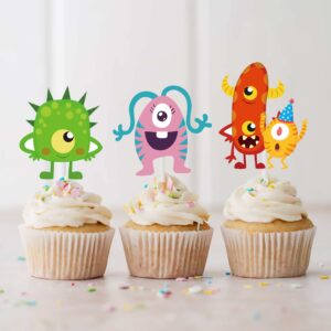 36Pcs Little Monster Party Cupcake Toppers Monster Bash Party Decorations for Little Monster Baby Shower Supplies Kids Birthday Party Decoration