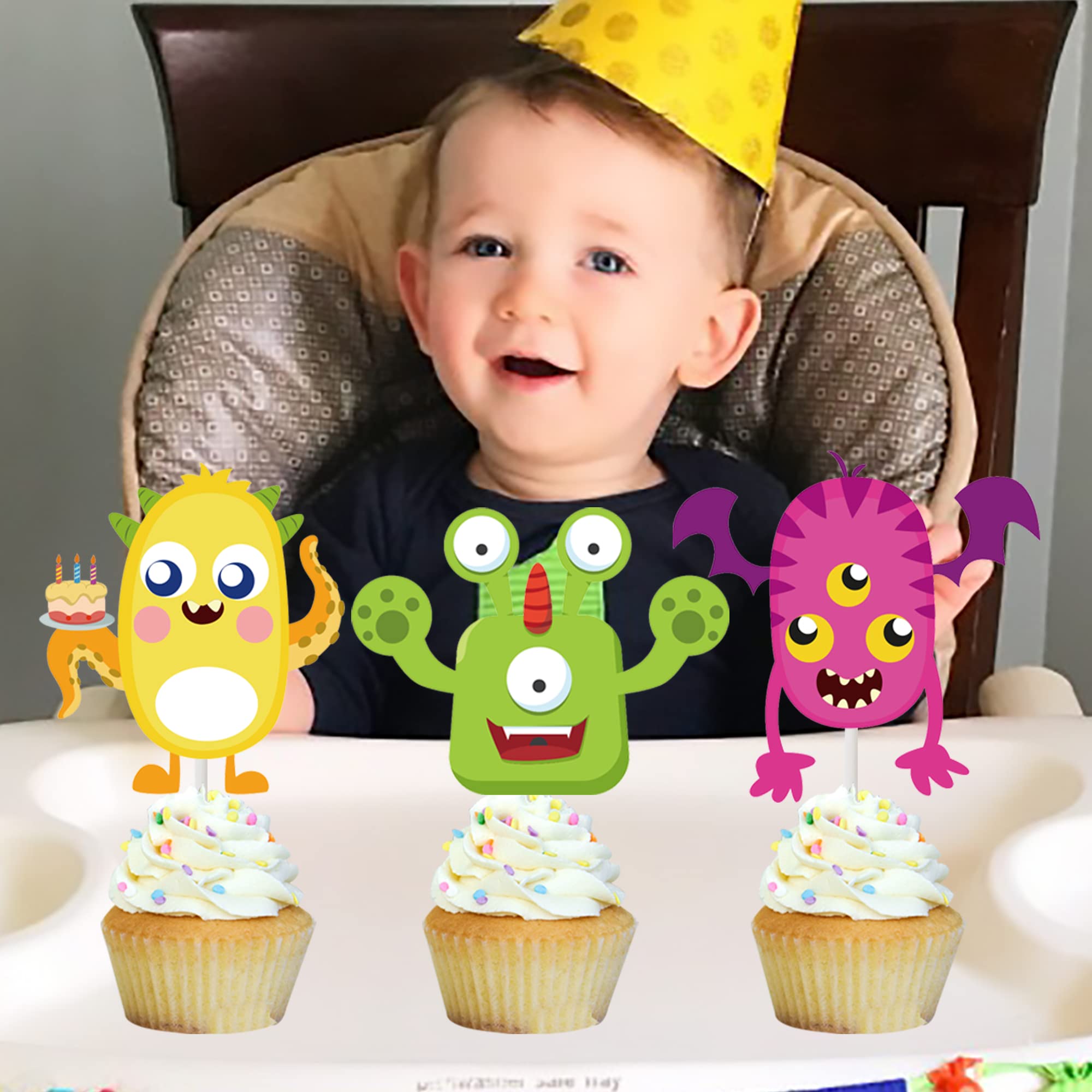 36Pcs Little Monster Party Cupcake Toppers Monster Bash Party Decorations for Little Monster Baby Shower Supplies Kids Birthday Party Decoration