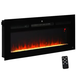 homcom 40" 1500w recessed and wall mounted electric fireplace inserts with remote, adjustable flame color and brightness, cryolite-effect rocks, black