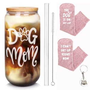 gift for dog lover women, glass cup and sock for dog mom, dog mom socks, dog lover gift, can shaped glass cups, 20oz drinking glasses with bamboo lid and glass straw, reusable cup for dog lovers