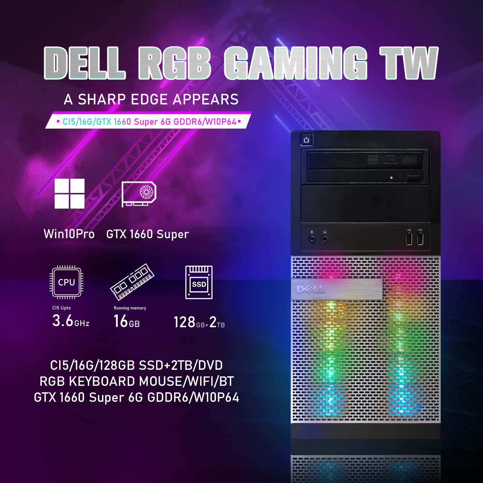 Dell RGB Gaming Desktop PC, Intel Quad I5 up to 3.6GHz, GeForce GTX 1660 Super 6G GDDR6, 16GB RAM, 128G SSD + 2TB, DVD, WiFi & Bluetooth, RGB Keyboard & Mouse, Win 10 Pro(Renewed)