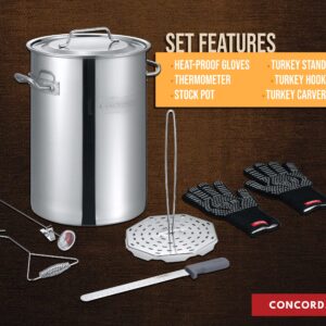 CONCORD Heavy Duty Stainless Steel Turkey Fryer Kit with Rack, Slicer, Hook, Thermometer, and heat proof gloves. Also great for Seafood Boil, Crawfish Boil, and more (Turkey Fryer Kit)