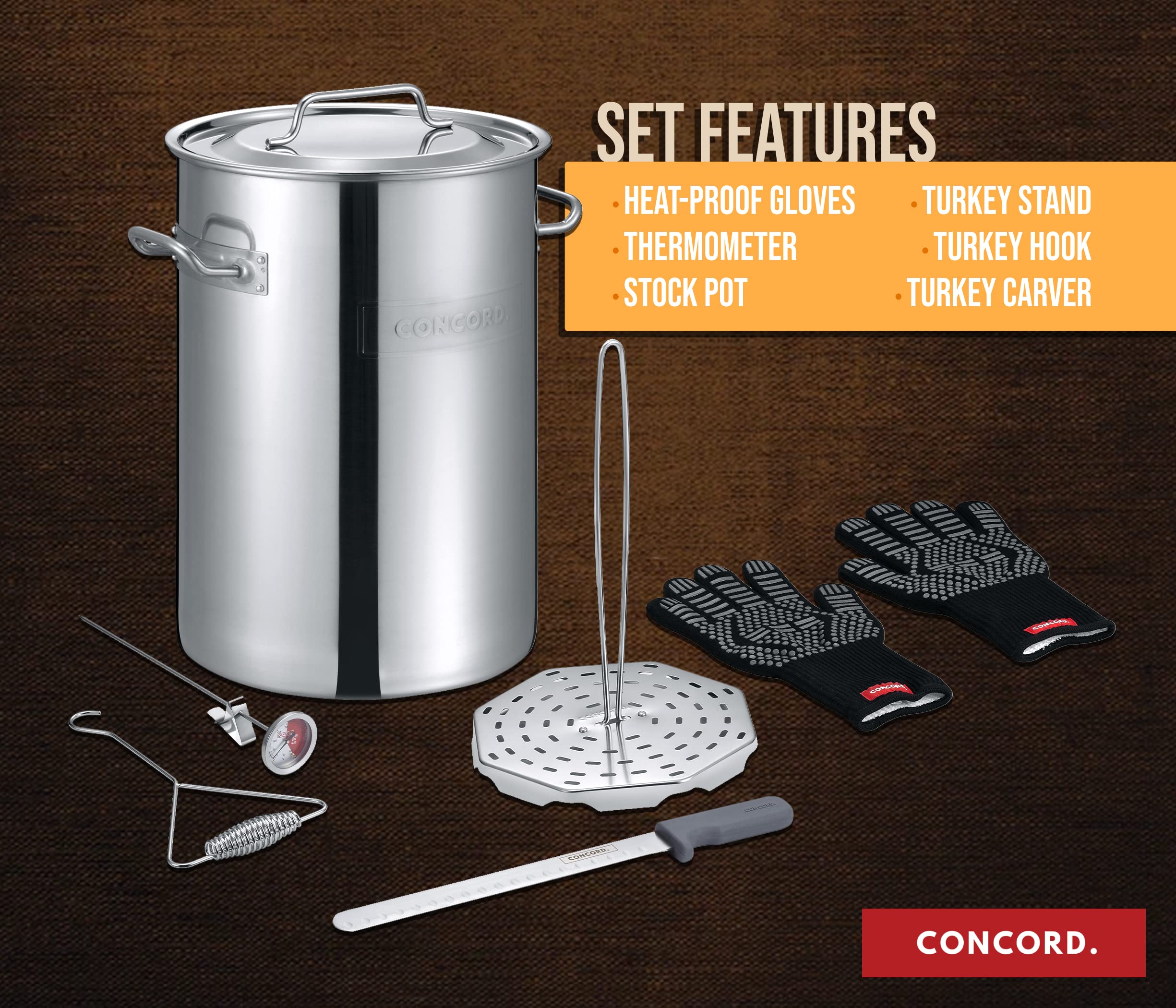 CONCORD Heavy Duty Stainless Steel Turkey Fryer Kit with Rack, Slicer, Hook, Thermometer, and heat proof gloves. Also great for Seafood Boil, Crawfish Boil, and more (Turkey Fryer Kit)