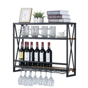 oldrainbow industrial wine racks wall mounted with 8 stem glass holder,rustic metal hanging wine holder,3-tiers wall mount bottle holder glass rack,wood shelves wall shelf (black, 31.5in)