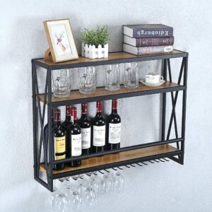 OLDRAINBOW Industrial Wine Racks Wall Mounted with 8 Stem Glass Holder,Rustic Metal Hanging Wine Holder,3-Tiers Wall Mount Bottle Holder Glass Rack,Wood Shelves Wall Shelf (Black, 31.5in)