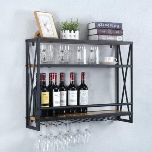 OLDRAINBOW Industrial Wine Racks Wall Mounted with 8 Stem Glass Holder,Rustic Metal Hanging Wine Holder,3-Tiers Wall Mount Bottle Holder Glass Rack,Wood Shelves Wall Shelf (Black, 31.5in)