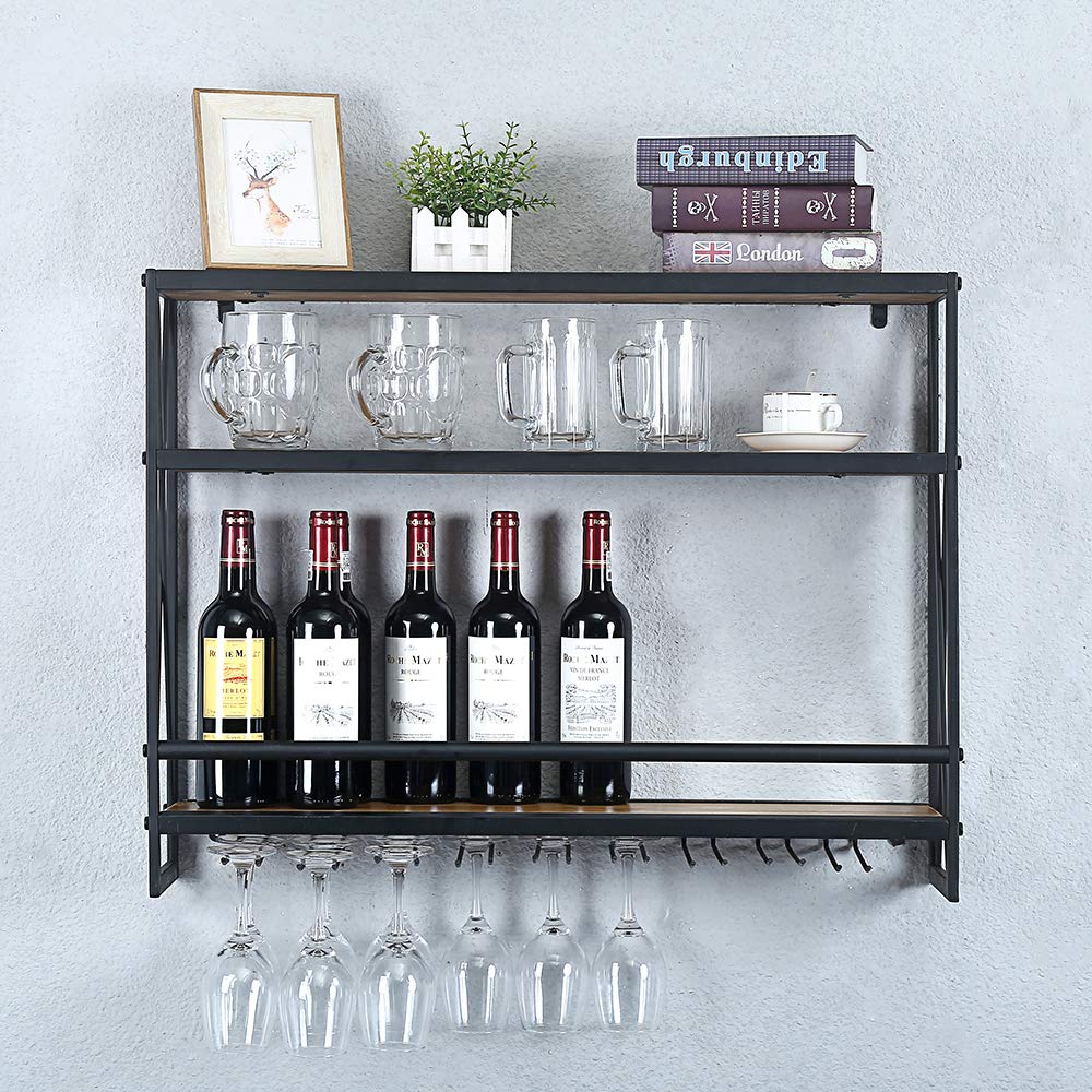 OLDRAINBOW Industrial Wine Racks Wall Mounted with 8 Stem Glass Holder,Rustic Metal Hanging Wine Holder,3-Tiers Wall Mount Bottle Holder Glass Rack,Wood Shelves Wall Shelf (Black, 31.5in)