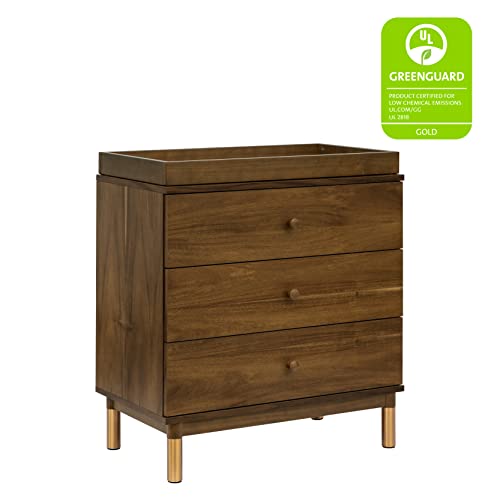 Babyletto Gelato 3-Drawer Changer Dresser with Removable Changing Tray in Natural Walnut and Brushed Gold Feet, Greenguard Gold Certified