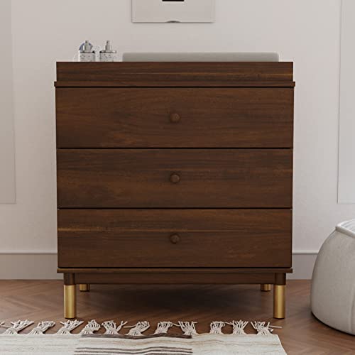 Babyletto Gelato 3-Drawer Changer Dresser with Removable Changing Tray in Natural Walnut and Brushed Gold Feet, Greenguard Gold Certified