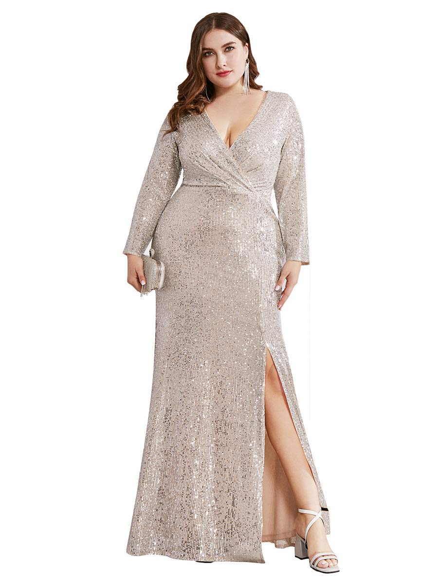 Ever-Pretty Women's Deep V-Neck Front Wrap High Thigh Slit Sequin Dress Plus Size Champagne US16