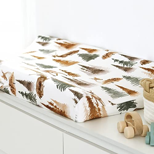 GRSSDER Stretch Ultra Soft Jersey Knit Changing Pad Cover Set 2 Pack, Change Table Pad Covers Fit 32"/34" x 16" Pads Safe and Snug, Stylish Jungle Deer Pattern for Baby