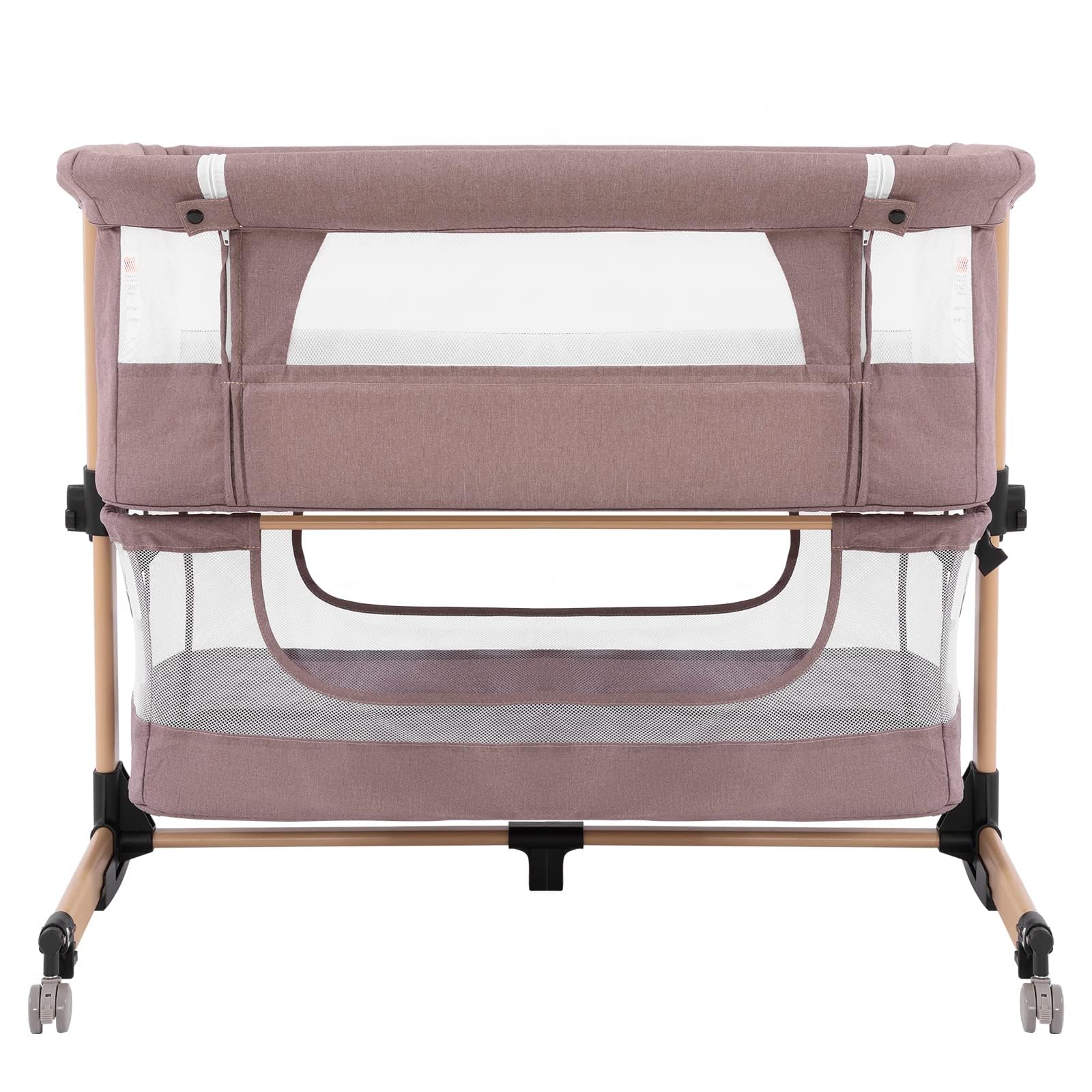 Lamberia Baby Bassinets Bedside Sleeper, Adjustable Bassinet for Baby with Wheels, Easy Folding Portable Crib for Baby, Khaki