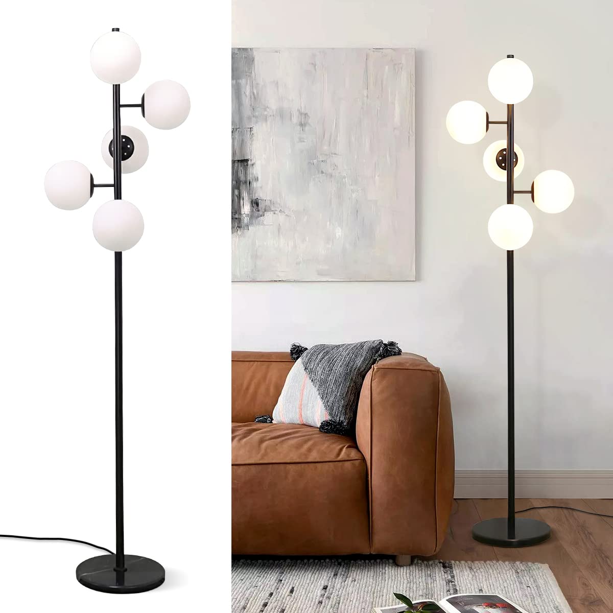 KCO Lighting Contemporary LED Standing Light 5-Light Frosted White Glass Globe Floor Lamp Modern Black Corner Tall Pole Lamp with Foot Switch for Home Office (Black)