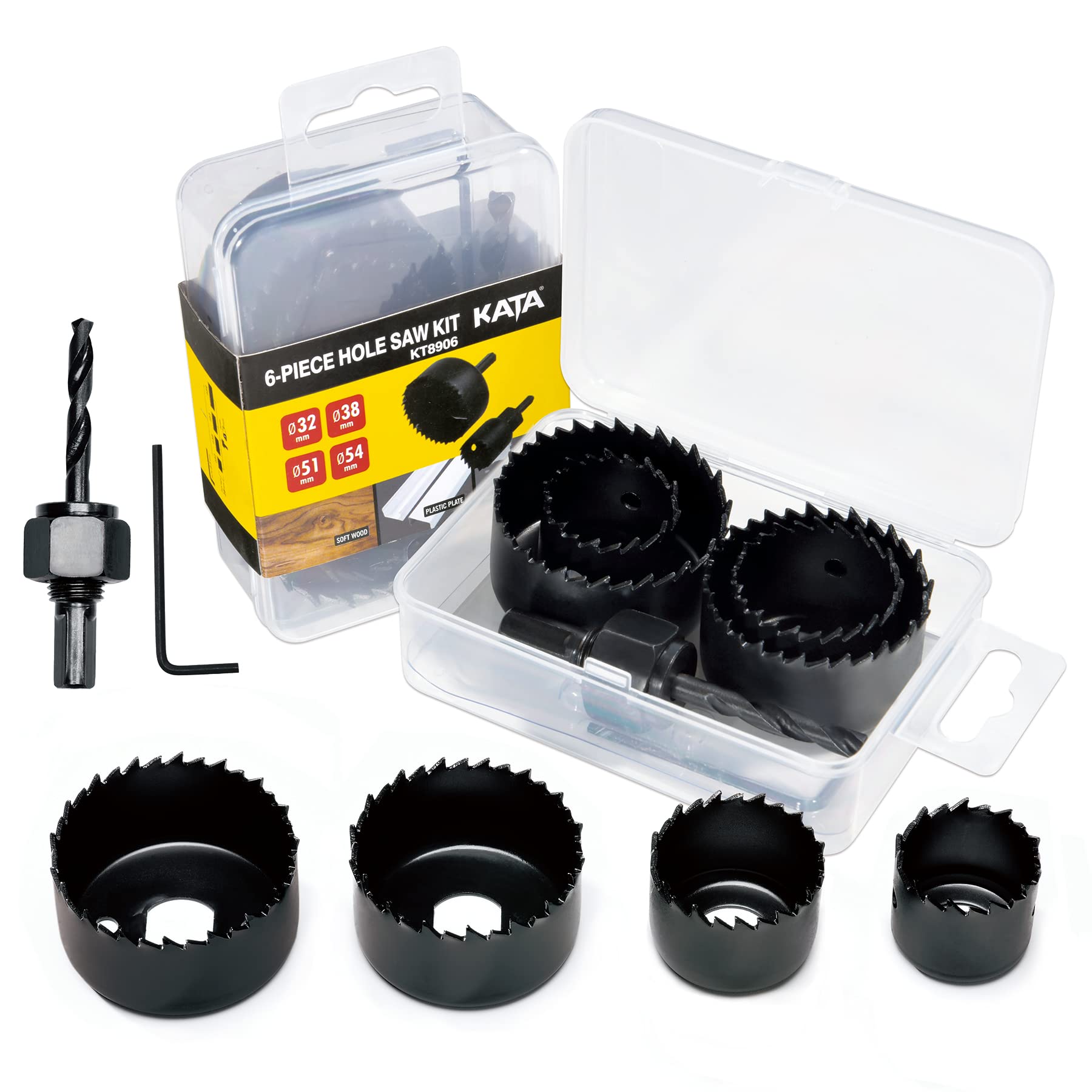 KATA 6PCS Hole Saw Kit 1-1/4" to 2-1/8"(32-54mm) Hole Saw Set in Case with Mandrels and Hex Key for Soft Wood, PVC Board, Plywood