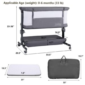 Kinder King Portable Baby Bassinet w/Carry Bag, Newborn Bedside Crib Sleeper, Adjustable Height, All-Sided Mesh Infant Travel Crib, Removable Mattress, Storage Space, No Tool to Assemble, Dark Grey