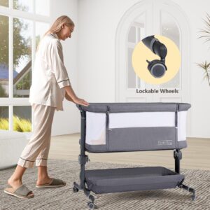 Kinder King Portable Baby Bassinet w/Carry Bag, Newborn Bedside Crib Sleeper, Adjustable Height, All-Sided Mesh Infant Travel Crib, Removable Mattress, Storage Space, No Tool to Assemble, Dark Grey