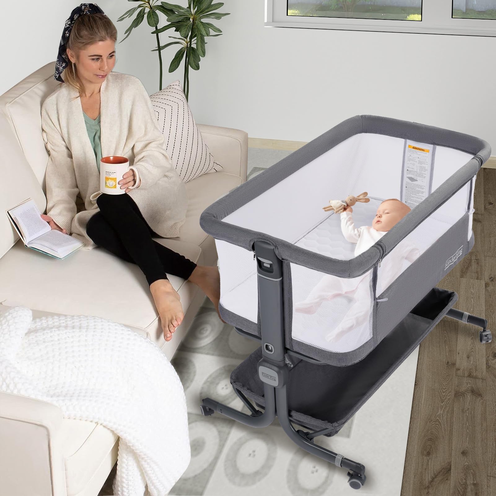 Kinder King Portable Baby Bassinet w/Carry Bag, Newborn Bedside Crib Sleeper, Adjustable Height, All-Sided Mesh Infant Travel Crib, Removable Mattress, Storage Space, No Tool to Assemble, Dark Grey